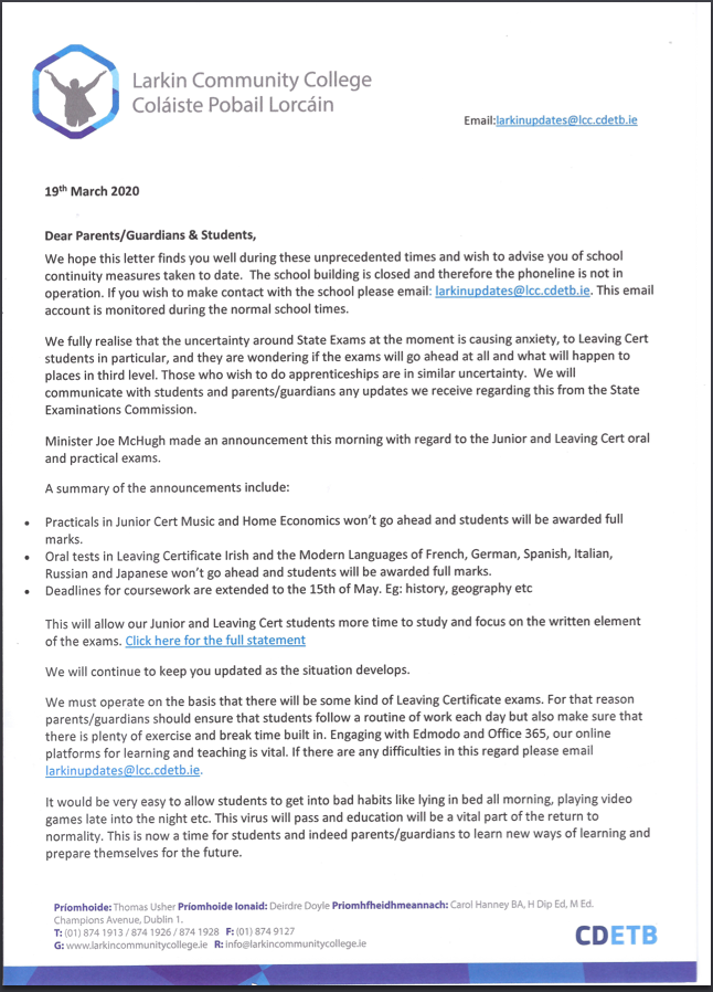 Letter for Parents Guardians and Students - Larkin Community College