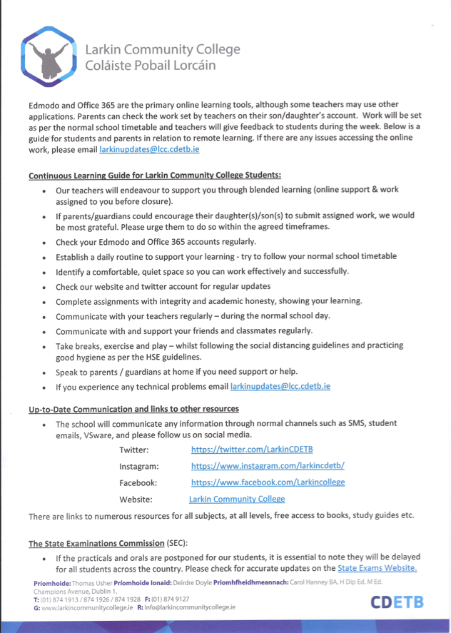 Letter for Parents Guardians and Students - Larkin Community College