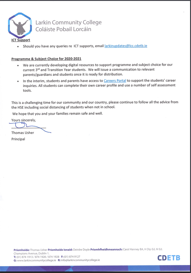 Letter for Parents Guardians and Students - Larkin Community College